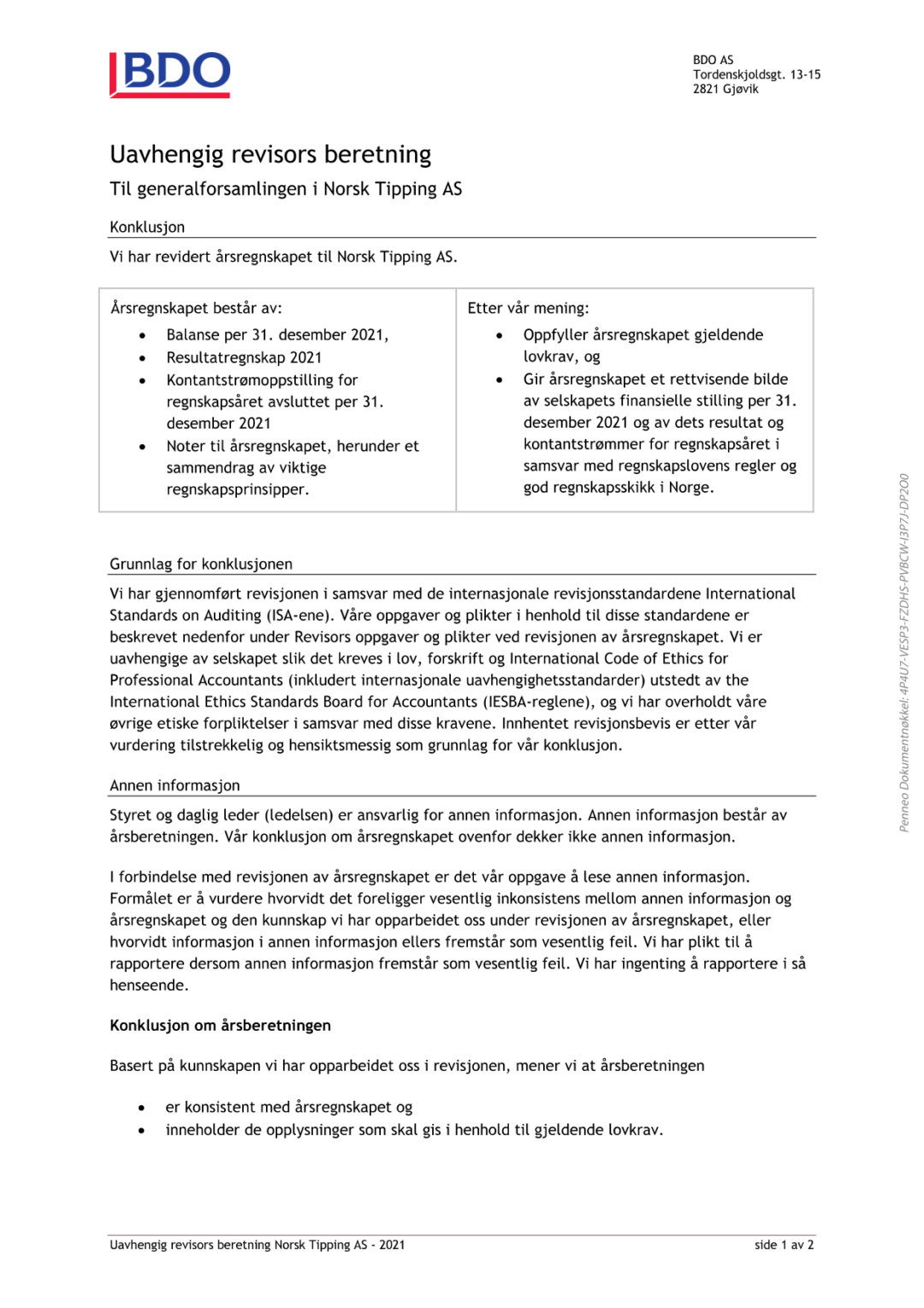 Revisjonsberetning – Norsk Tippings års- og bærekraftsrapport 2021