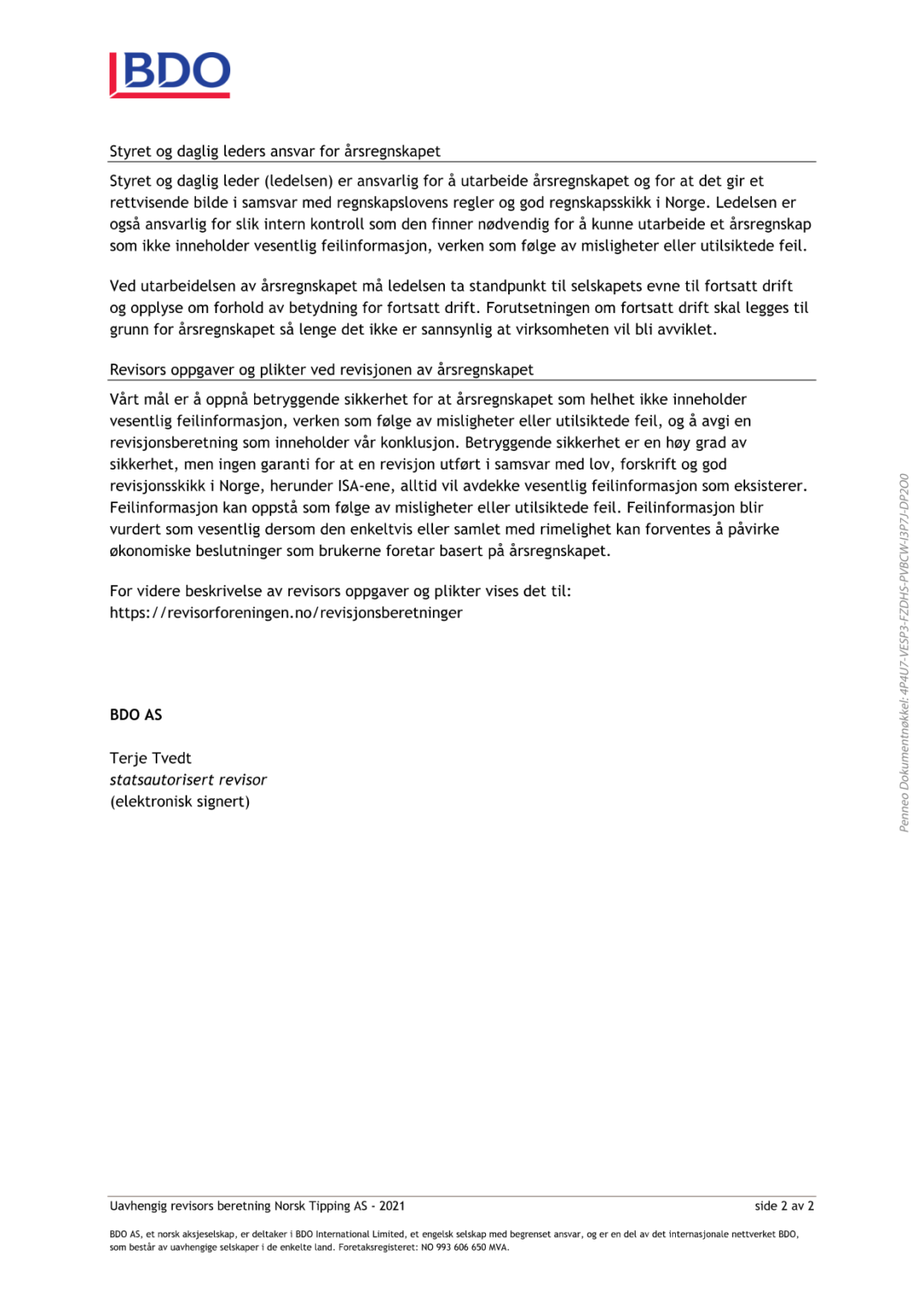 Revisjonsberetning – Norsk Tippings års- og bærekraftsrapport 2021